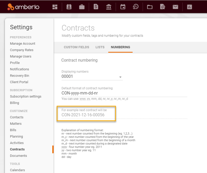How to set Contracts Numbering Settings?